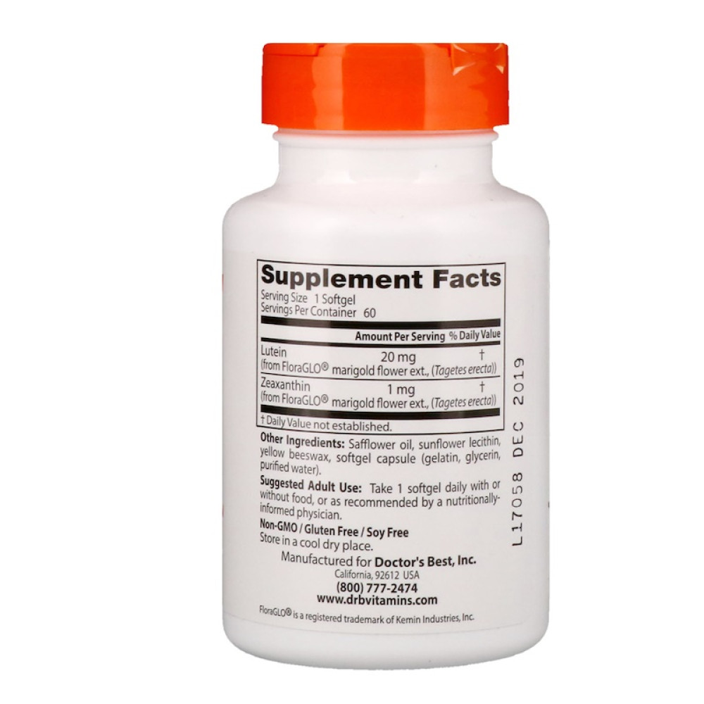 Doctor's Best Lutein with FloraGlo Lutein 20mg 60 Softgels ...